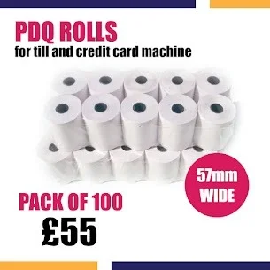 100 PDQ Till Rolls 57mm Wide Thermal Receipt Paper Fast Delivery ...